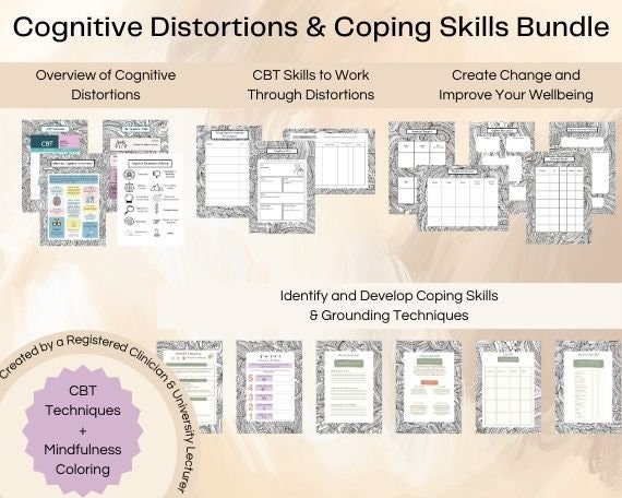 CBT Worksheets Cognitive Distortions and Coping Skills Worksheet Bundle ...