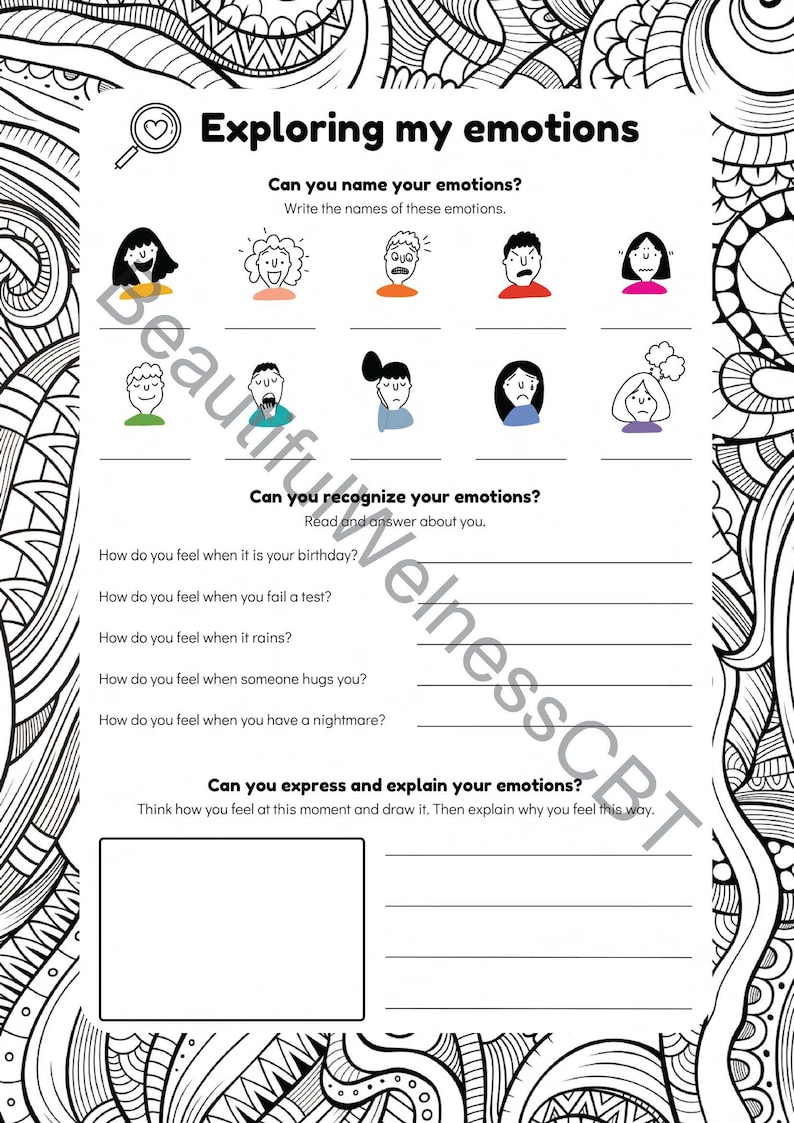 CBT Worksheets for Children Feelings and Emotions Mindfulness Coloring ...
