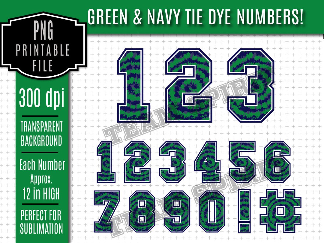 Team Colors Tie Dye Sublimation Numbers Pack Green Navy Sublimation ...