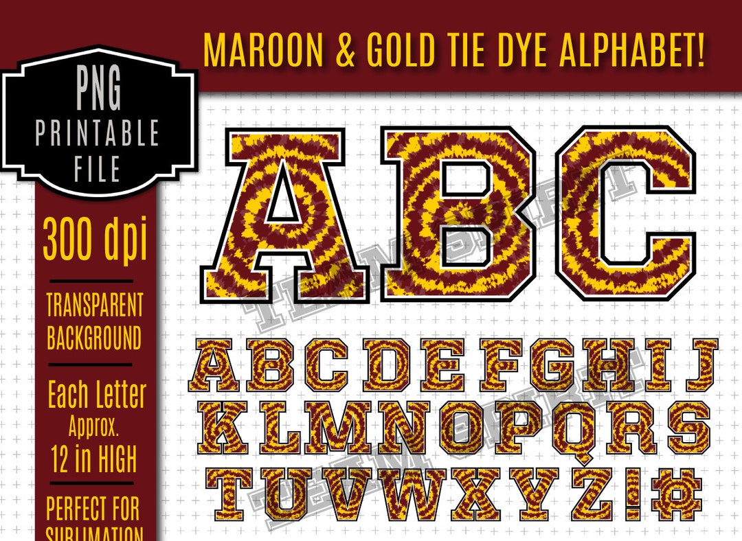 Team Colors Tie Dye Sublimation Alphabet Pack Maroon Sublimation Design ...