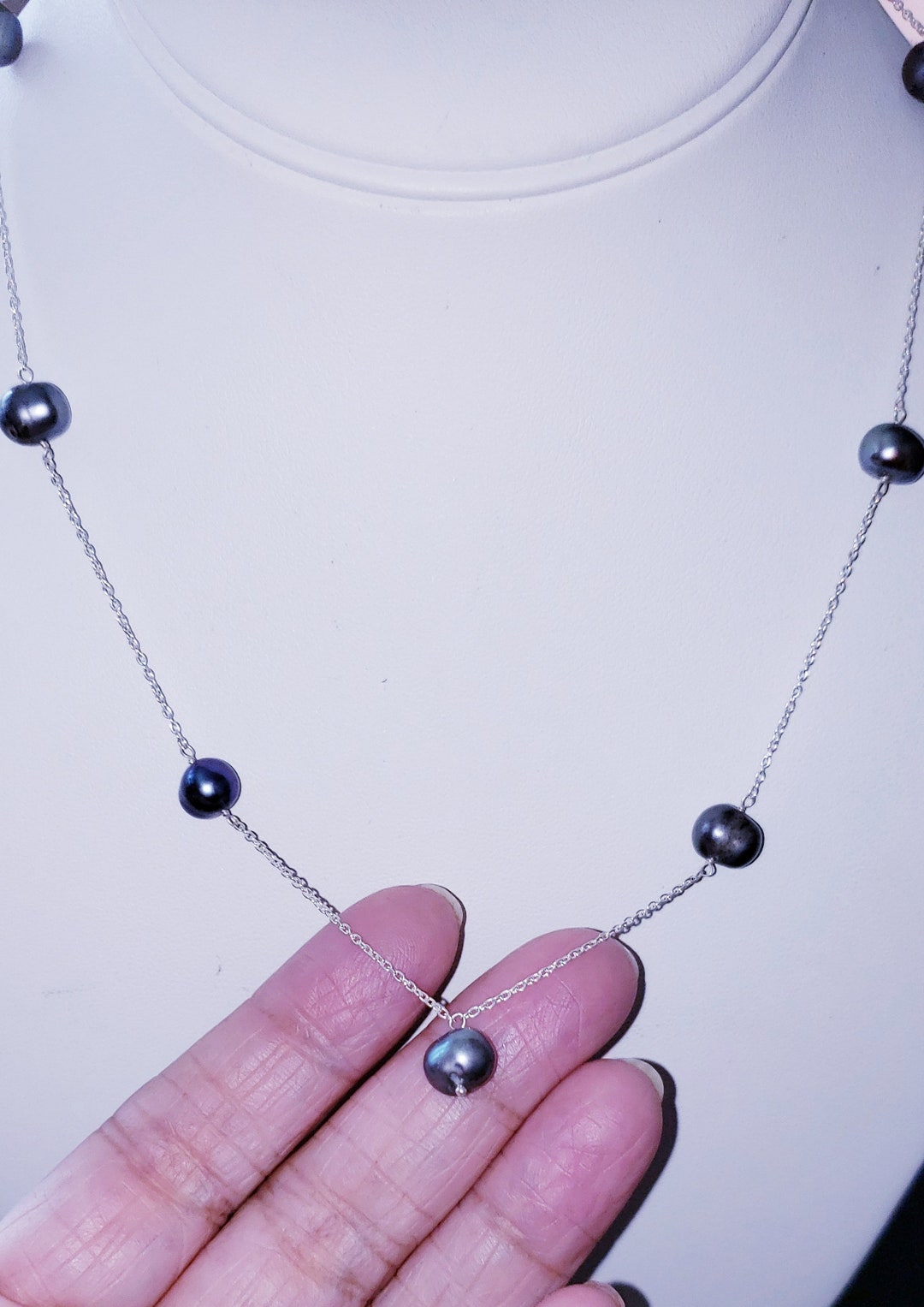 925 Sterling Silver Floating Natural Grey Pearl Necklace (6.6 Grams ...