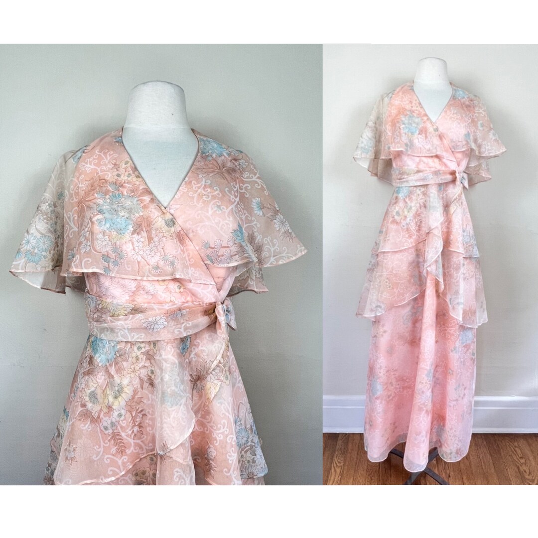 Vintage 70s Peach Floral Prom Dress | Sheer Flutter Sleeve Cap Ruffle ...