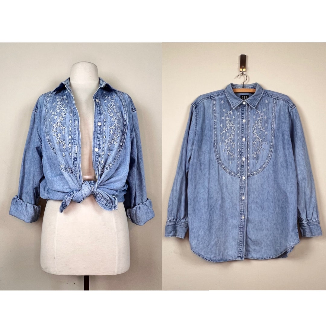 Vintage Embroidered Jean Chambray Button up Shirt Denim Floral Country ...