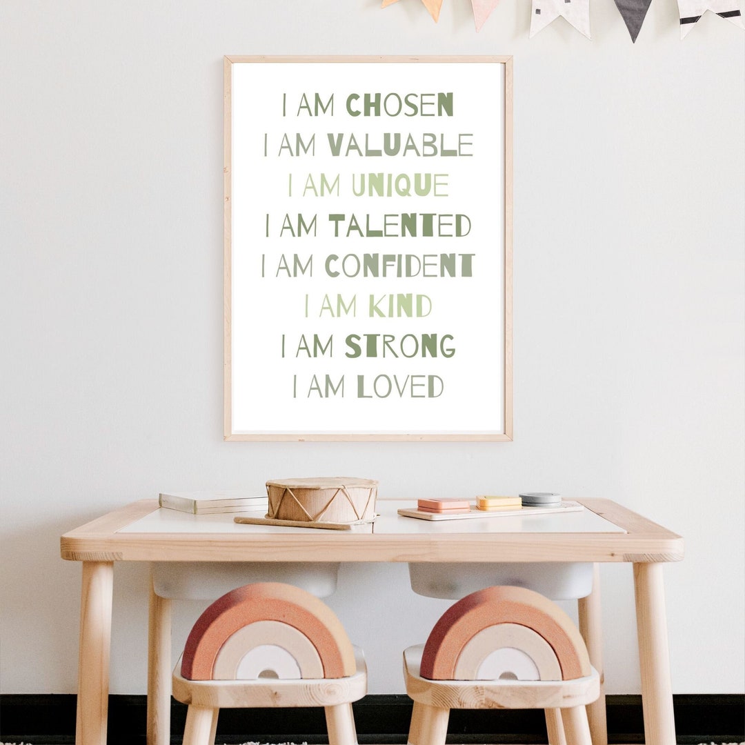 Printable Kids Daily Affirmations Wall Art, Green Boho Boys Nursery ...