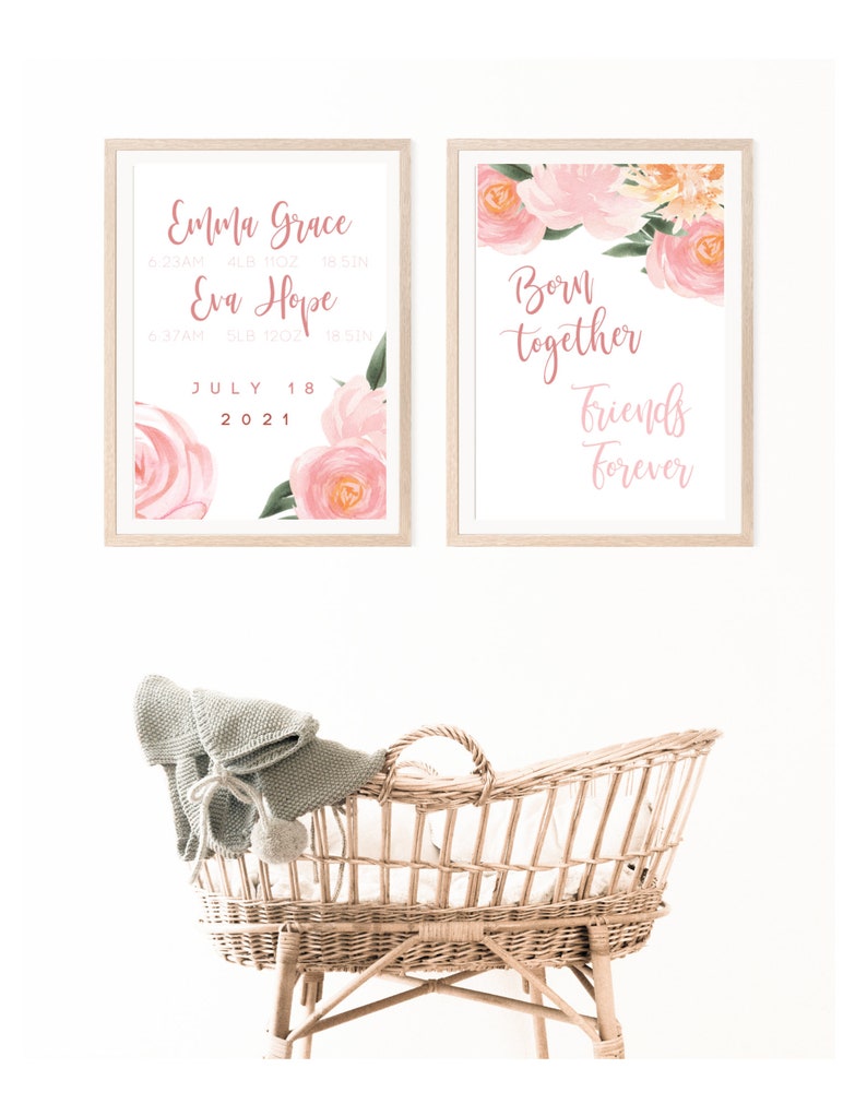 Twin Baby Girls Name Sign, Floral Pink Nursery Decor, Personalized Twin ...