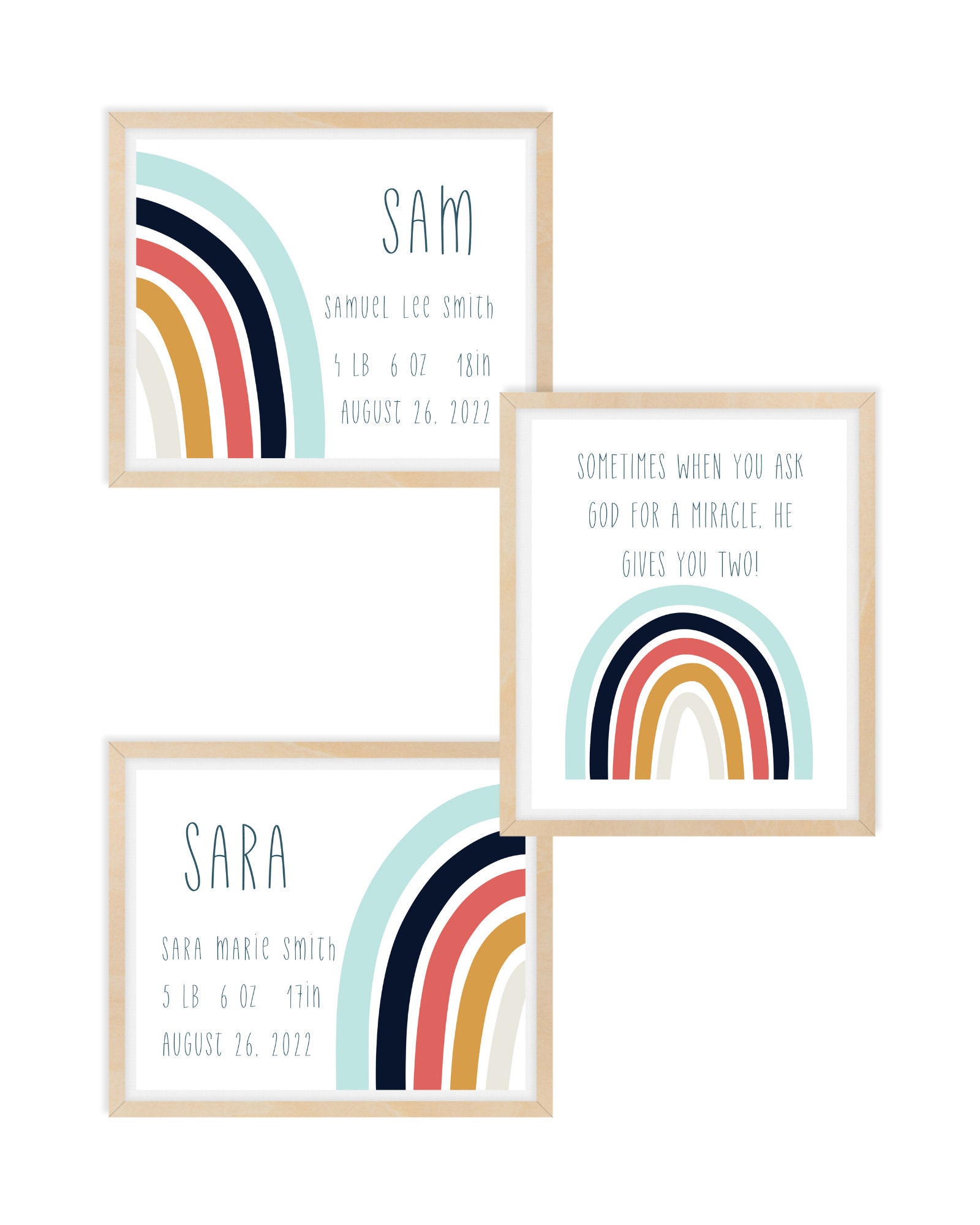 Twins Name and Birth Stats Print Set, Twins Boho Rainbow Nursery Print ...