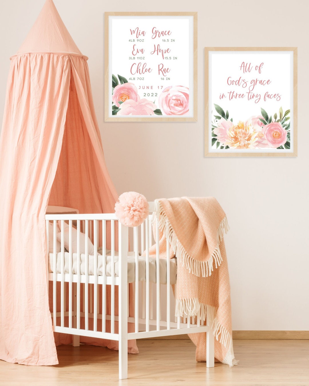 Triplet Baby Girl Name Print Set of 2 - Pink Floral Girls Nursery - All ...