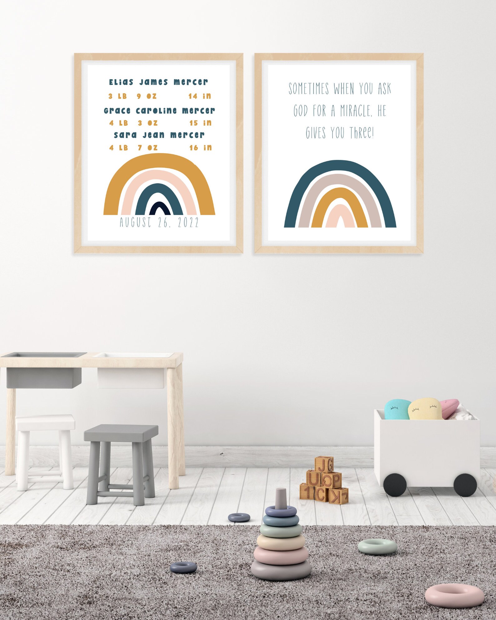 Triplets Name and Birth Stats Print Set Triplets Boho Rainbow - Etsy