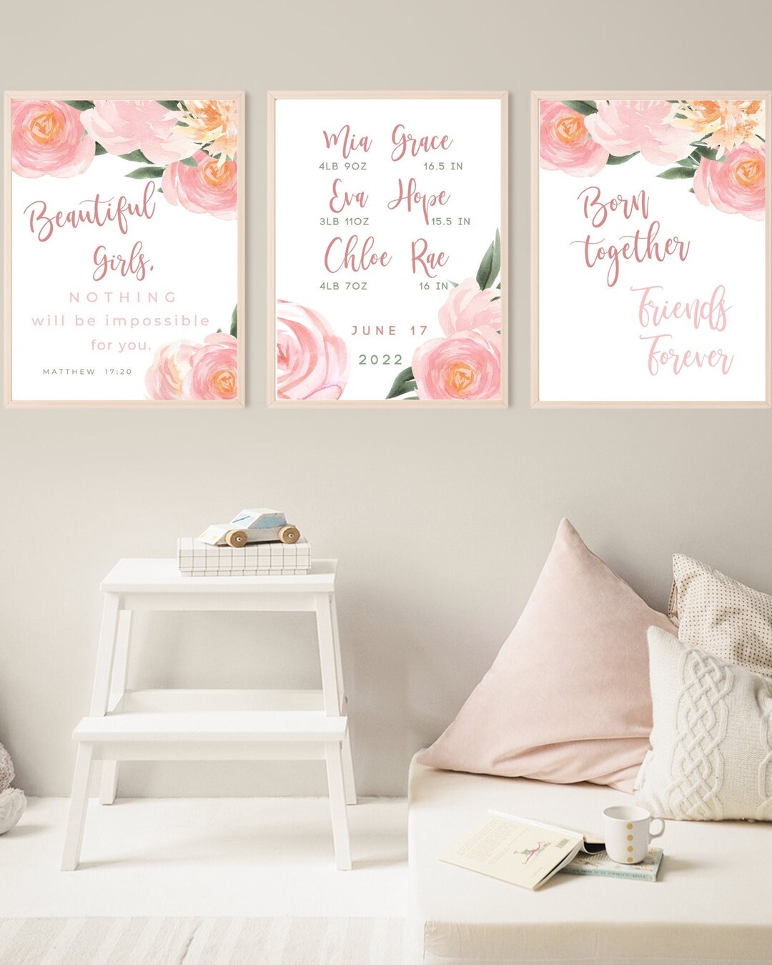 Triplet Girl Name Print Set 3, Personalized Baby Girl Name Sign - Matt ...