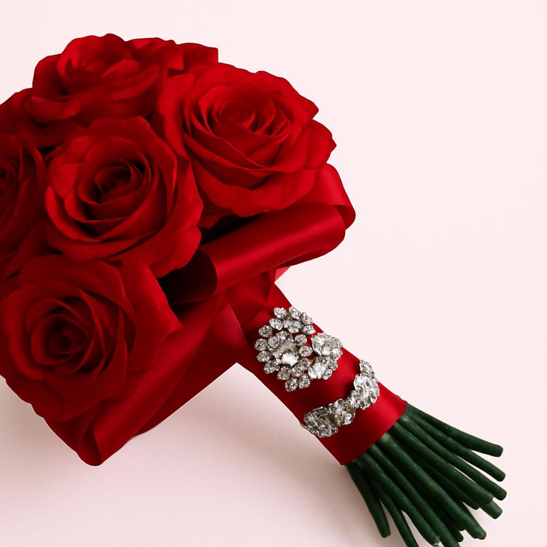 Romantic Red Bridal Bouquet With 30 Real Touch Roses – Satin Ribbon ...