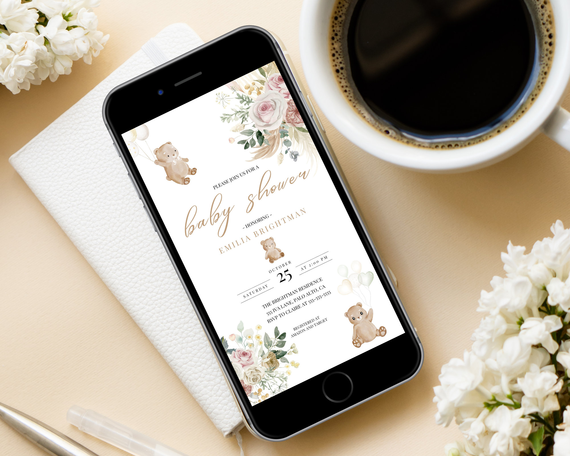 Editable Digital Baby Shower Invitation Boho Teddy Bear Pampas Baby ...