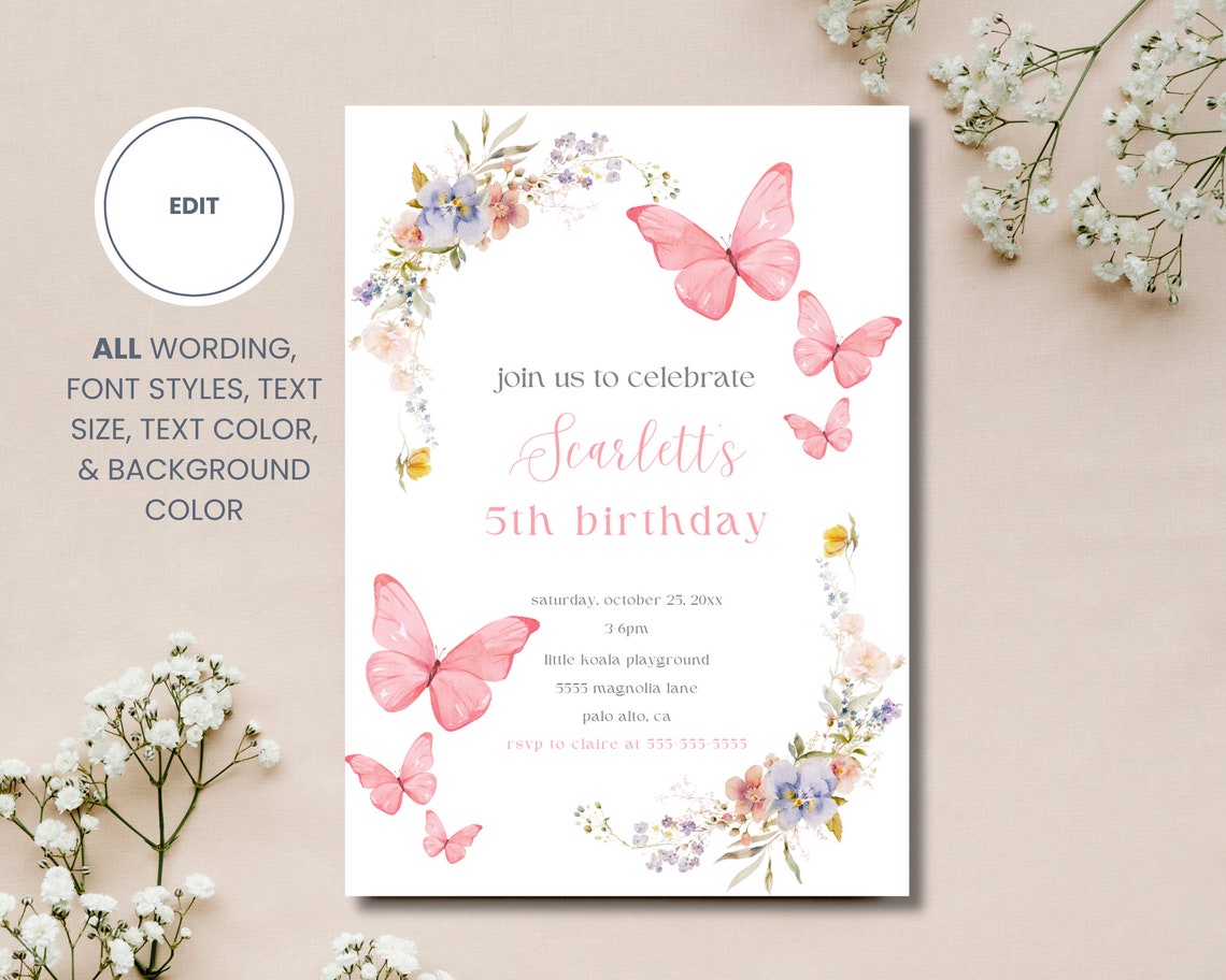 Pink Butterfly Birthday Invitation, Birthday Girl Butterfly Party ...
