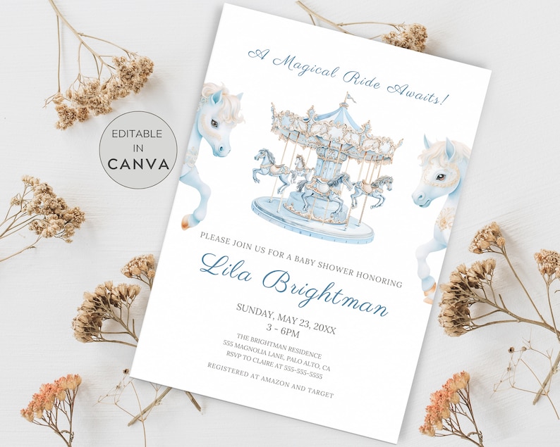 Editable Baby Boy Shower Carousel Invitation | Blue Florals Shower ...