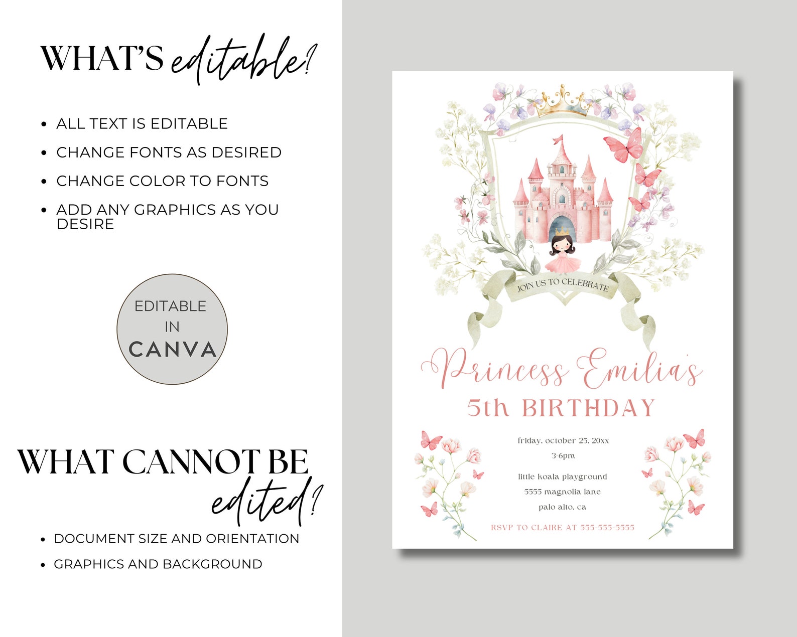Pink Princess Birthday Invitation, Princess Castle Birthday Party ...