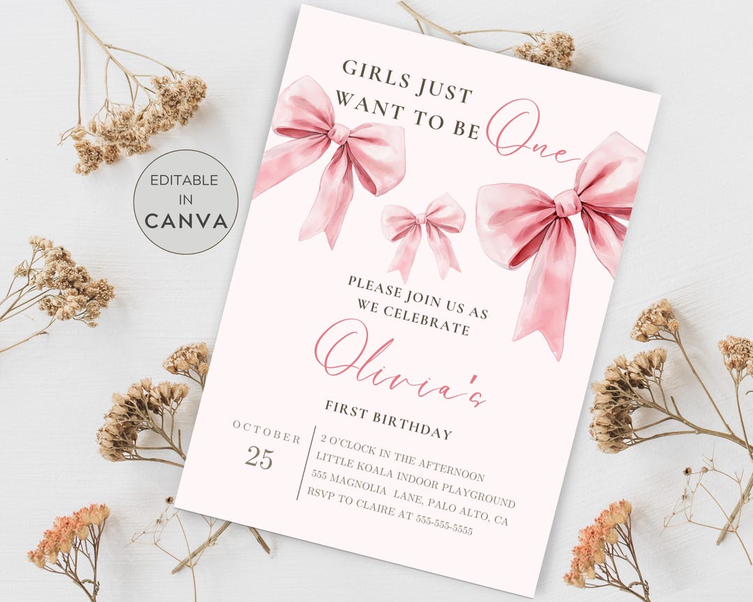 Girls Just Want to Be ONE Invitation, Editable Pink Bow Invite, Girl ...