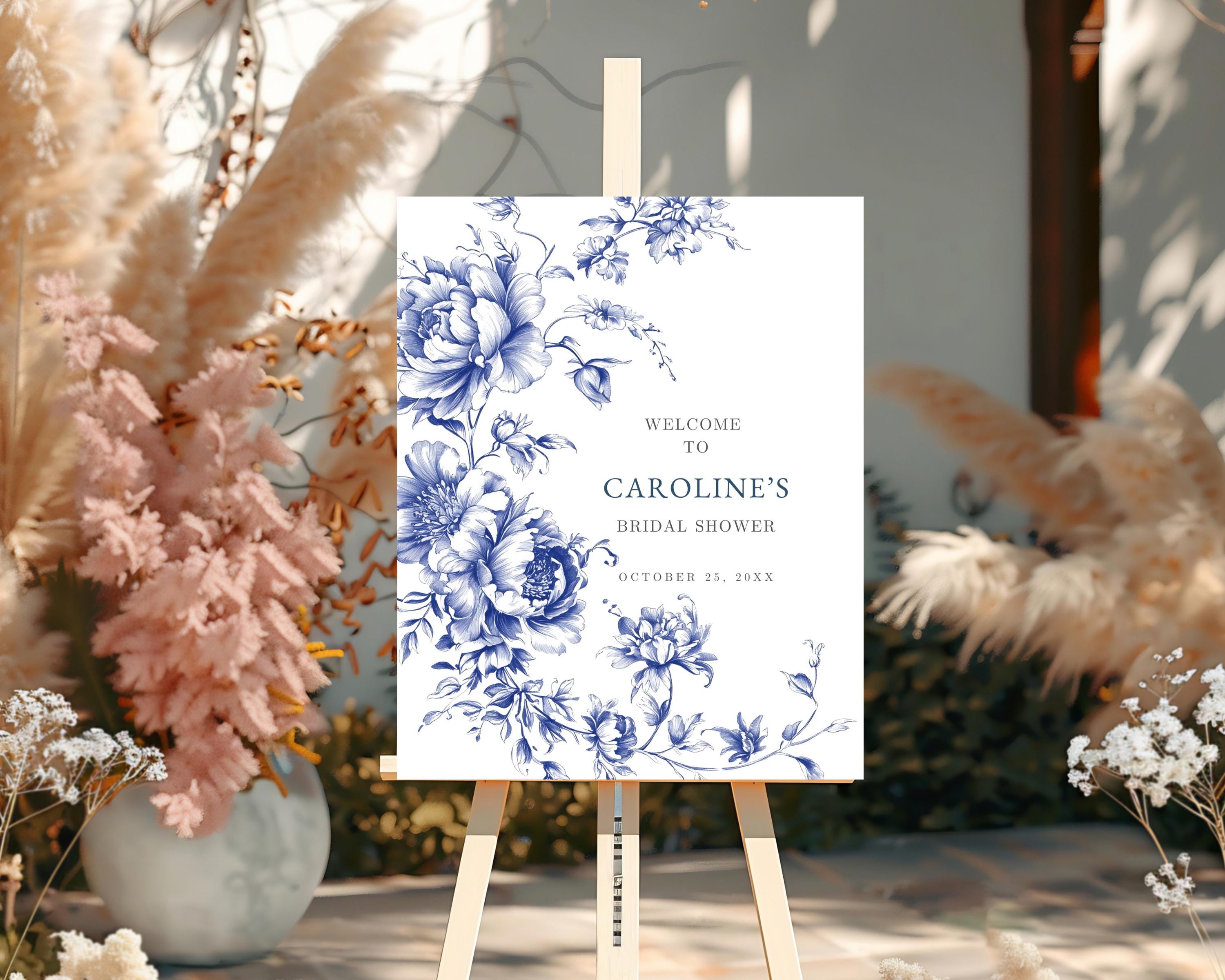 Blue Chinoiserie Bridal Shower Welcome Sign, French Blue Toile De Jouy ...