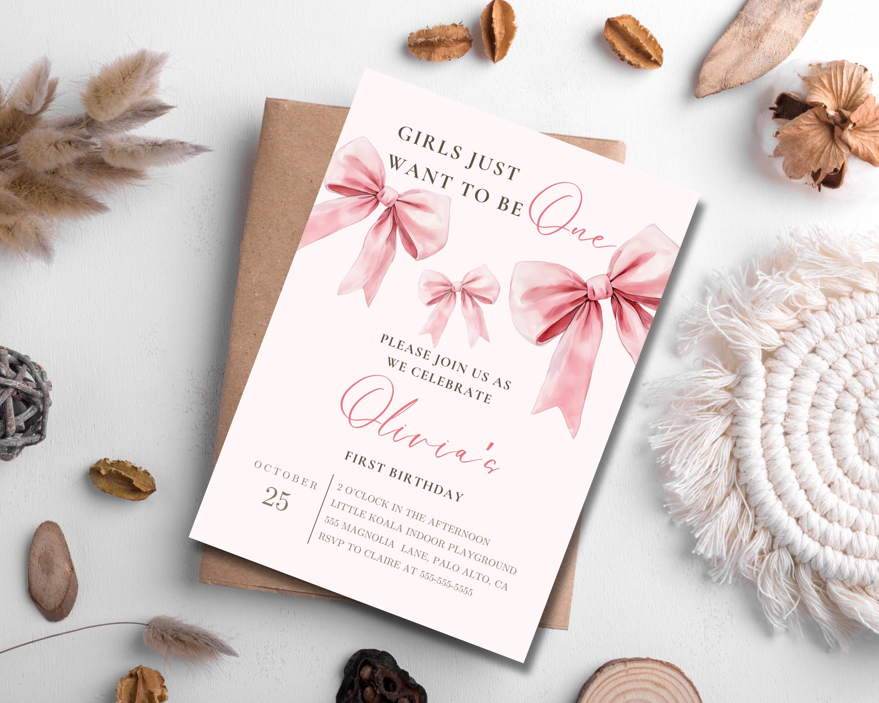 Girls Just Want to Be ONE Invitation, Editable Pink Bow Invite, Girl ...
