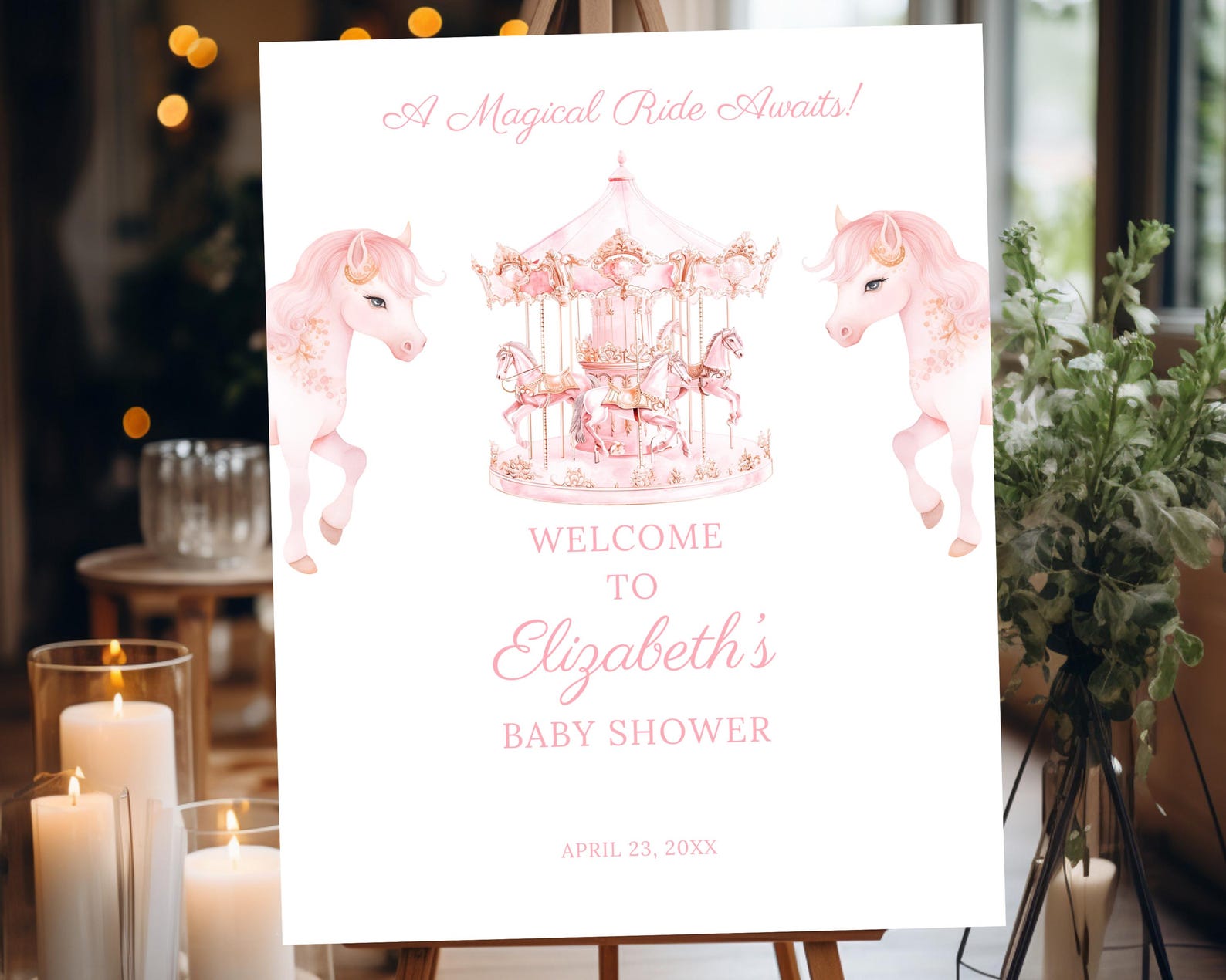 Pink Carousel Baby Shower Sign, Baby Girl Shower Carousel Welcome Sign ...