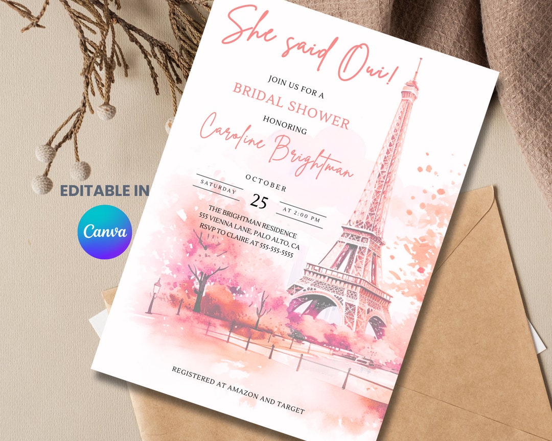 Eiffel Tower Paris Bridal Shower Invitation Template, Editable Bridal ...