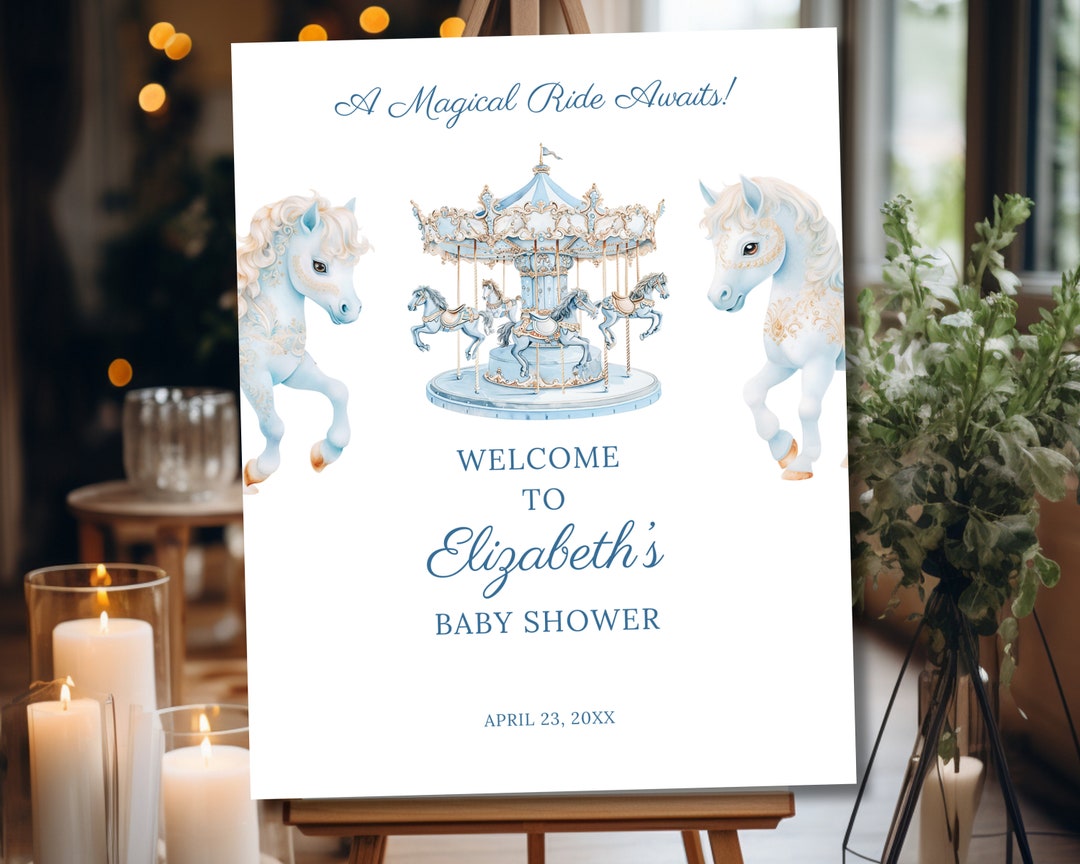 Blue Carousel Baby Shower Sign, Baby Boy Shower Carousel Welcome Sign ...
