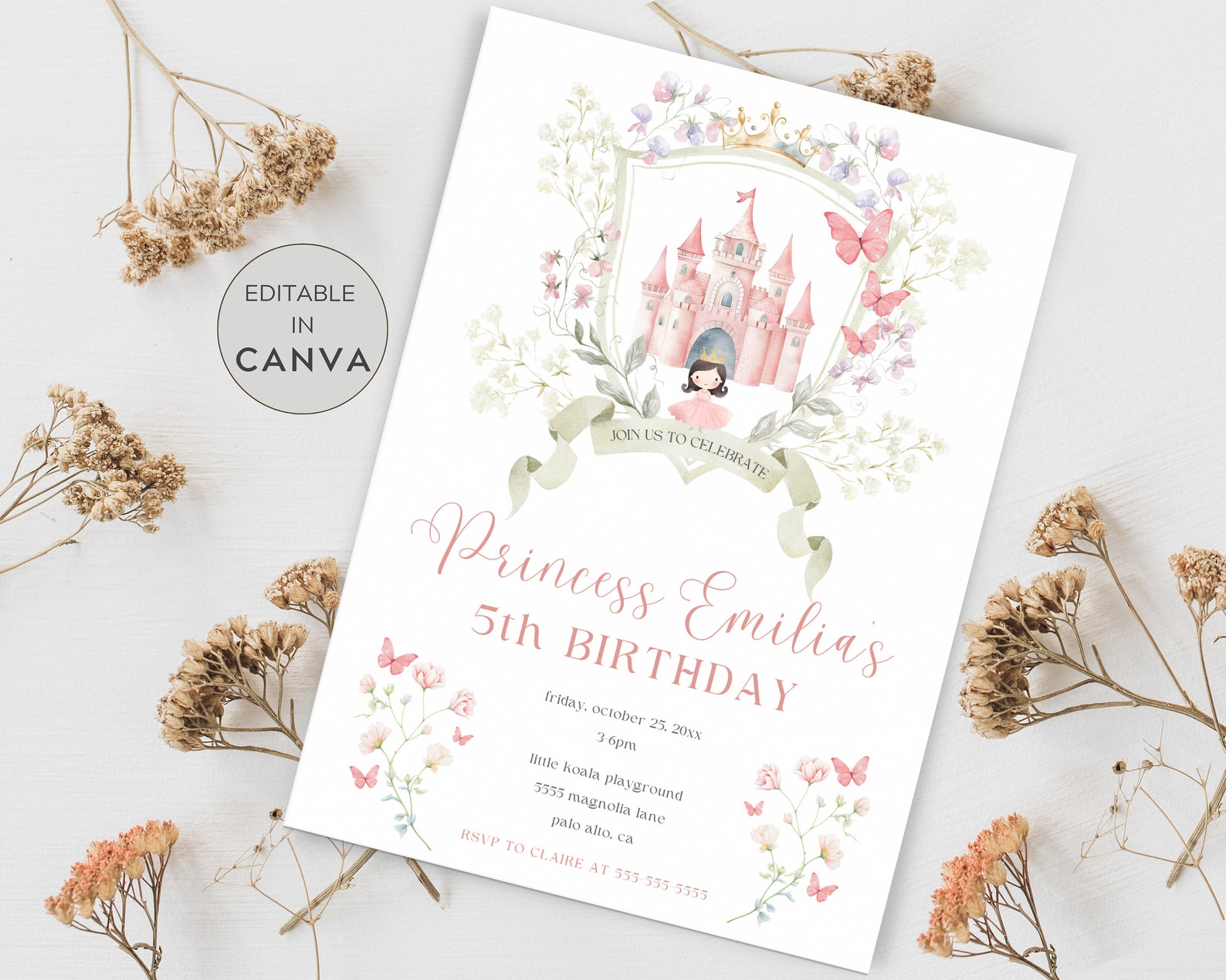 Pink Princess Birthday Invitation, Princess Castle Birthday Party ...