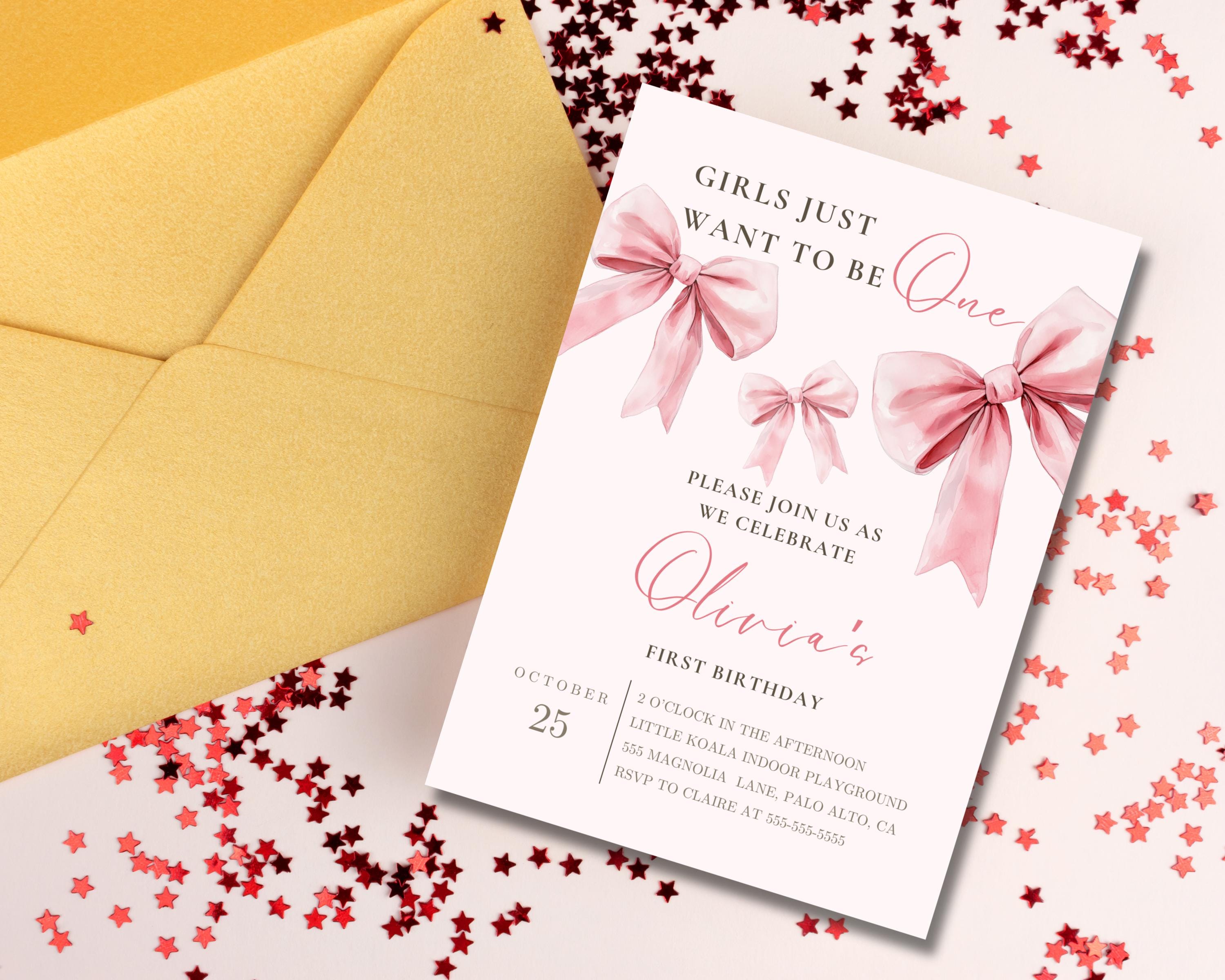 Girls Just Want to Be ONE Invitation, Editable Pink Bow Invite, Girl ...