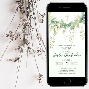 Editable Boy Baptism Invitation Boy Baptism Invite Leaves Greenery Digital Evite Christening 1st ...