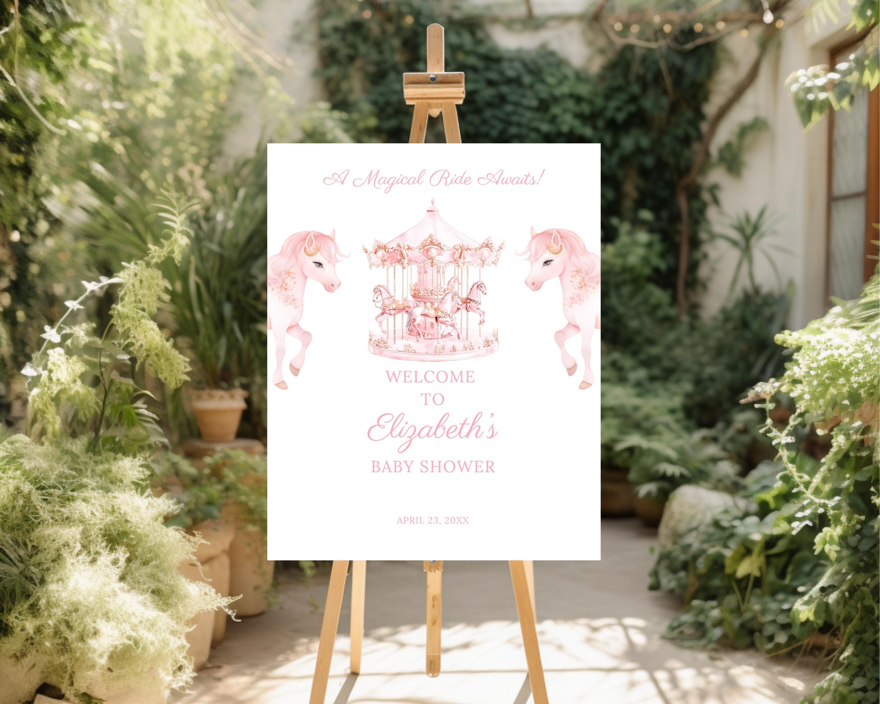 Pink Carousel Baby Shower Sign, Baby Girl Shower Carousel Welcome Sign ...
