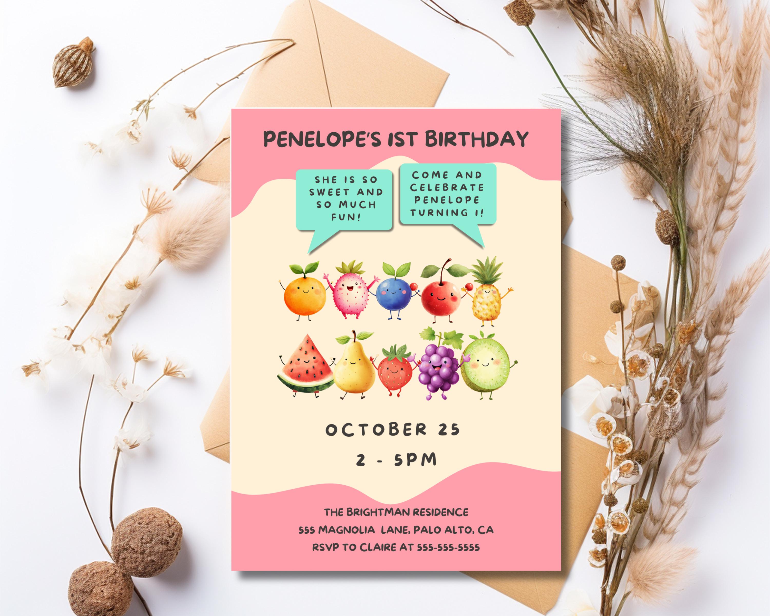 Dancing Fruit Birthday Invitation, 1st Birthday Invitation, Happy Fruit ...