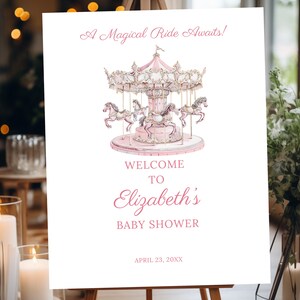 Pink Carousel Baby Shower Sign, Baby Girl Shower Carousel Welcome Sign ...