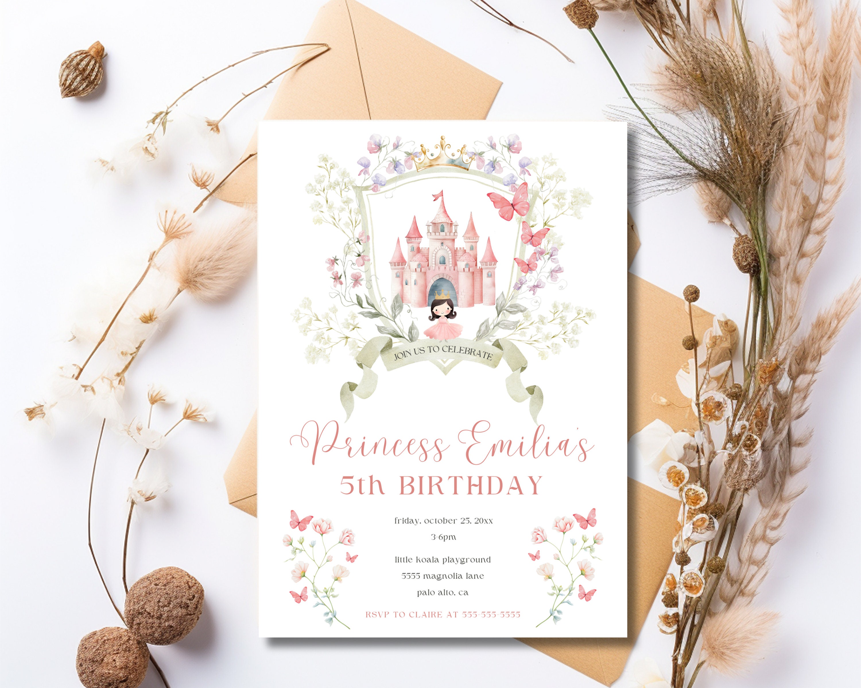 Pink Princess Birthday Invitation, Princess Castle Birthday Party ...