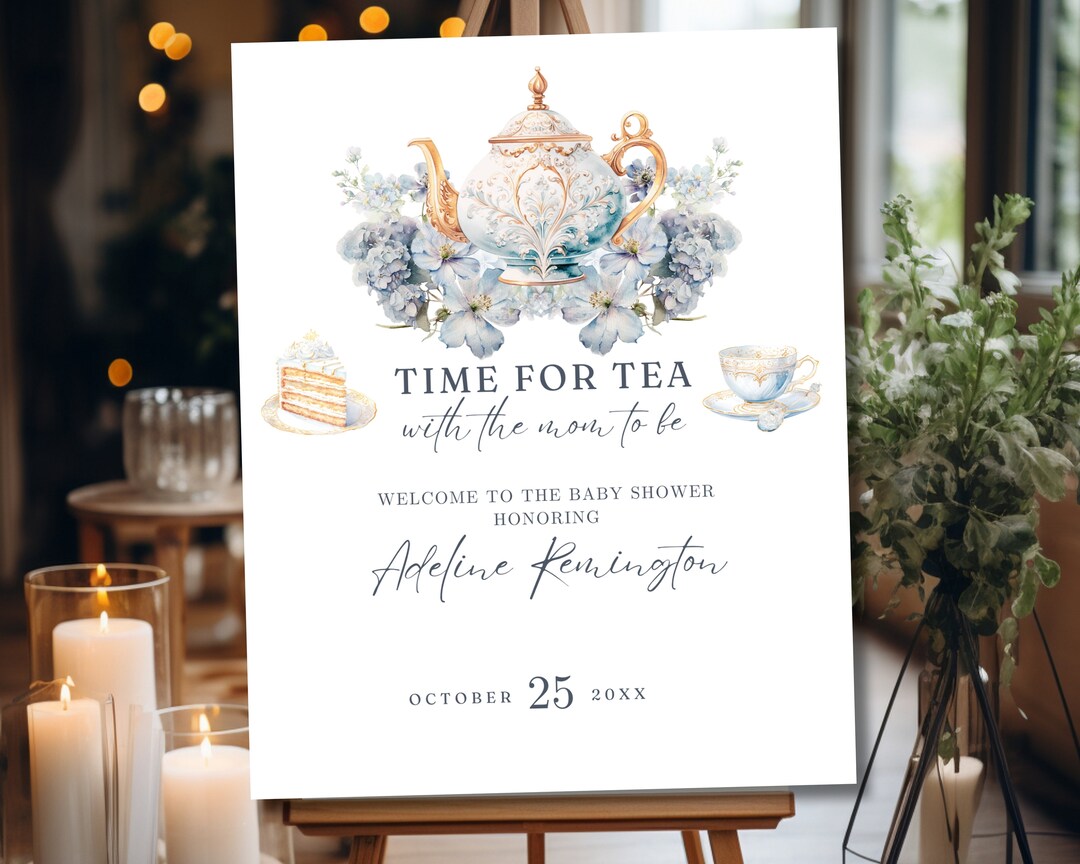 Editable Baby Shower Tea Party Welcome Sign, Gender Neutral, Dusty Blue ...