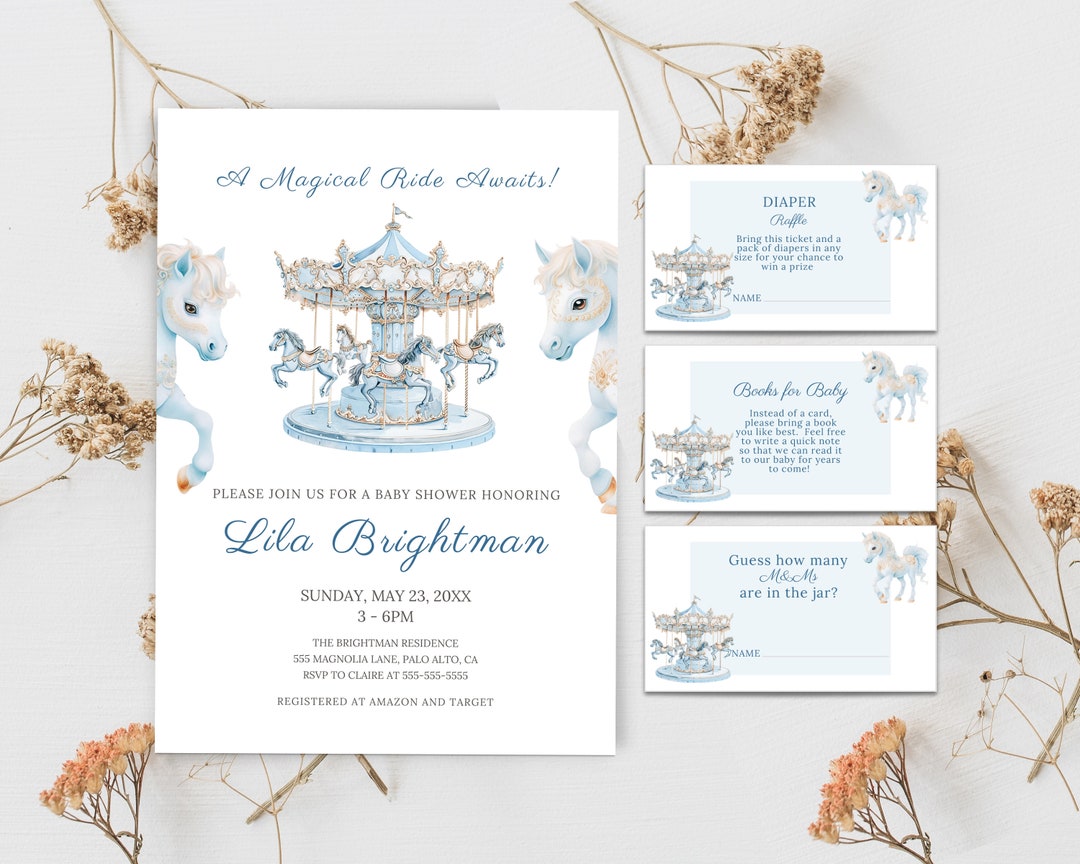 Editable Baby Boy Shower Carousel Invitation Set, Blue Floral Shower ...