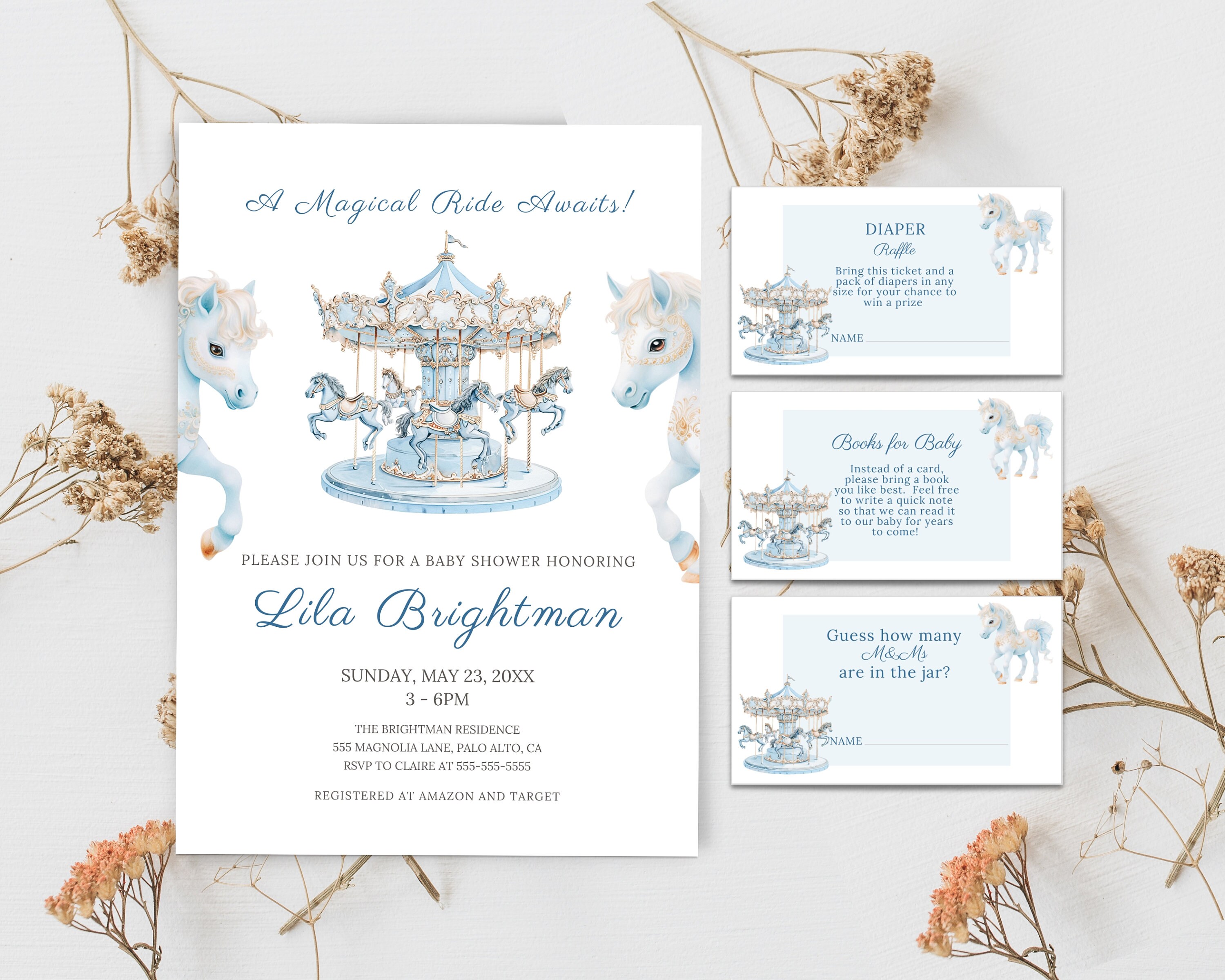 Editable Baby Boy Shower Carousel Invitation Set, Blue Floral Shower ...