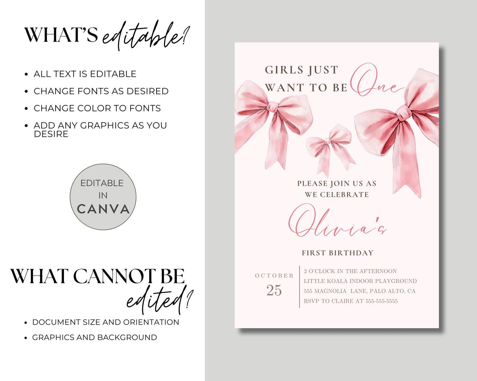 Girls Just Want to Be ONE Invitation, Editable Pink Bow Invite, Girl ...