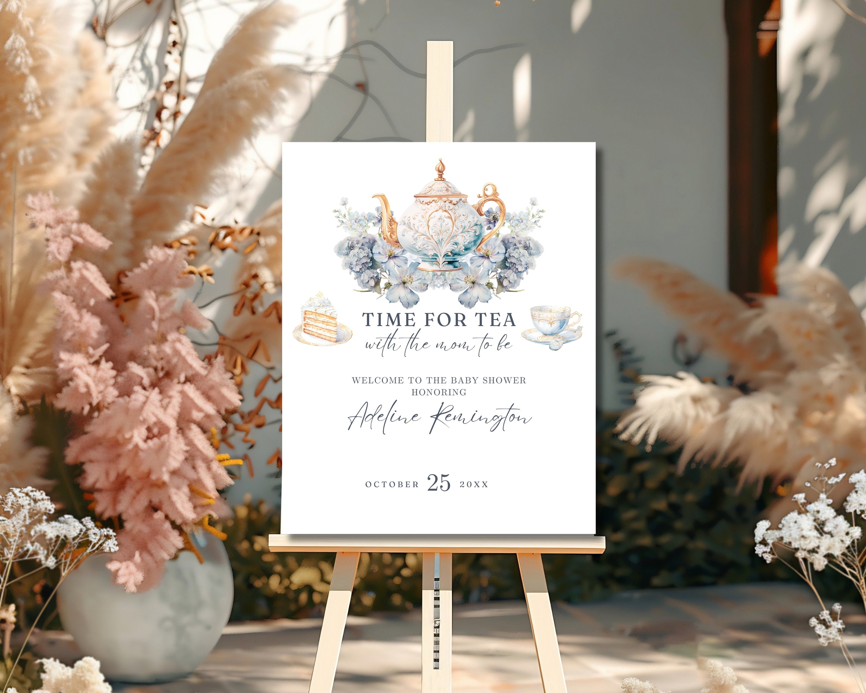 Editable Baby Shower Tea Party Welcome Sign, Gender Neutral, Dusty Blue ...