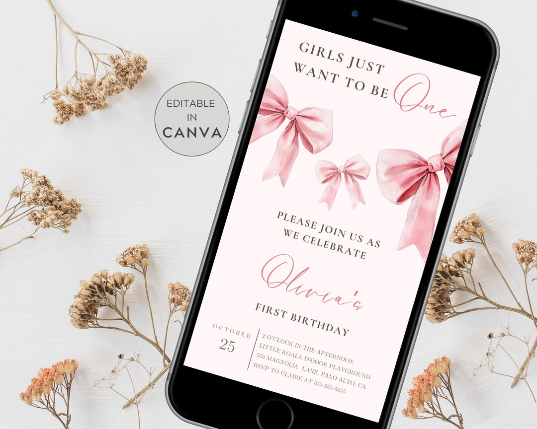 Girls Just Want to Be ONE Invitation, Editable Pink Bow Digital Invite ...