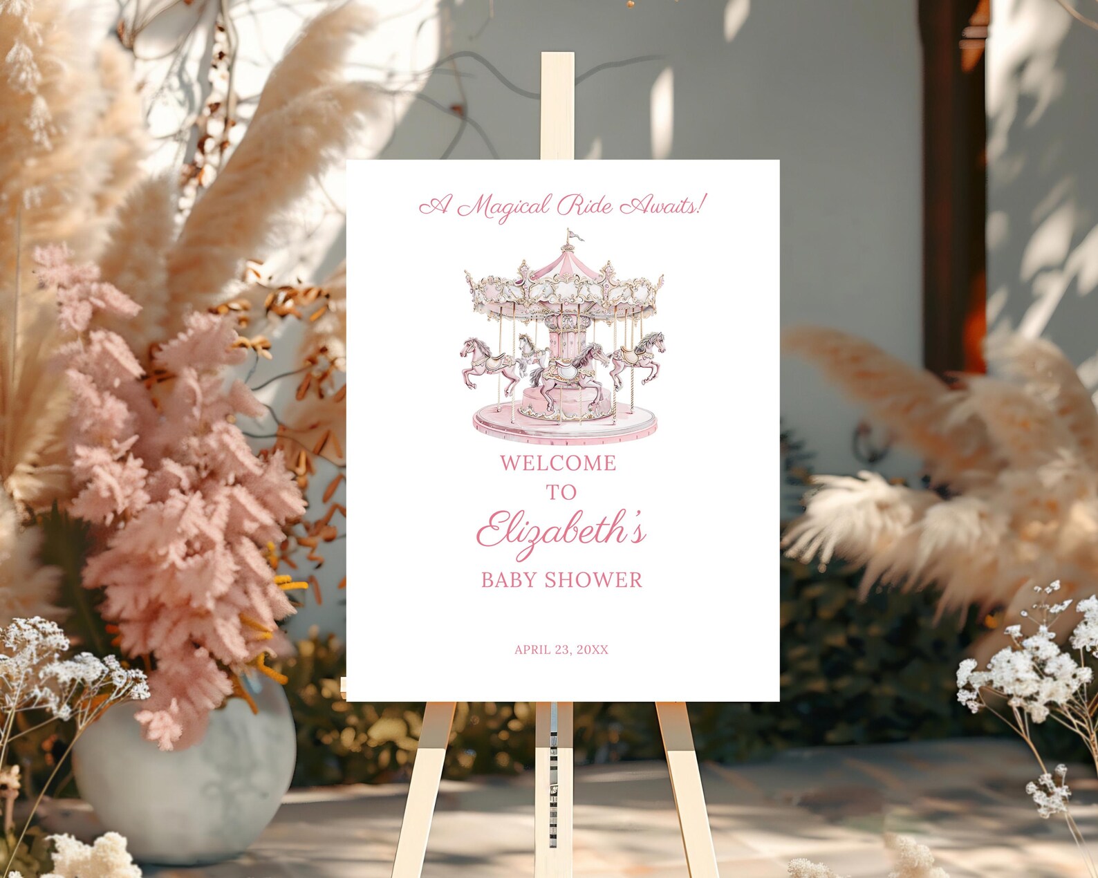Pink Carousel Baby Shower Sign, Baby Girl Shower Carousel Welcome Sign ...