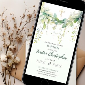 Editable Boy Baptism Invitation Boy Baptism Invite Leaves Greenery Digital Evite Christening 1st ...