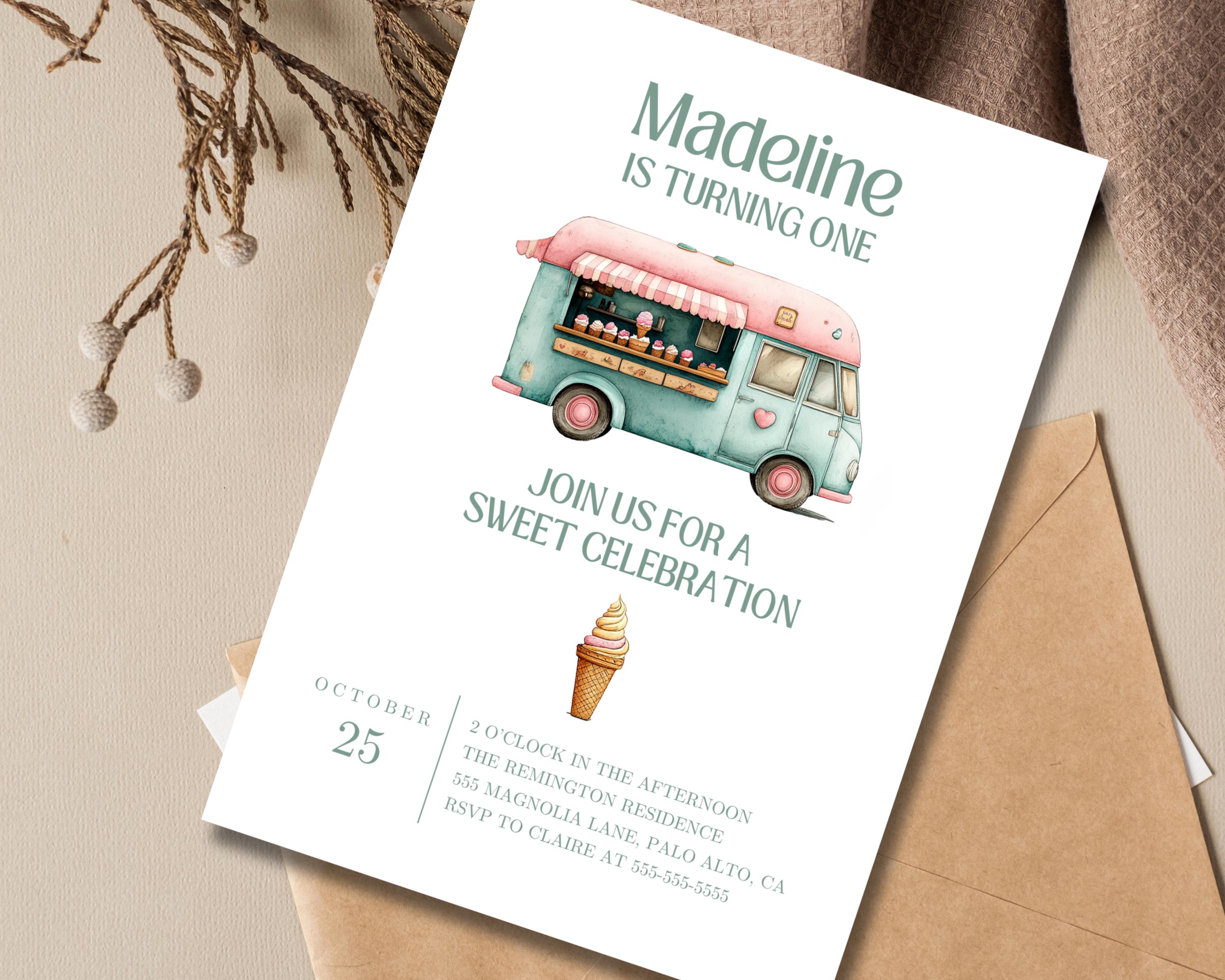 Editable Ice Cream Birthday Invitation Template, Modern Ice Cream Truck ...