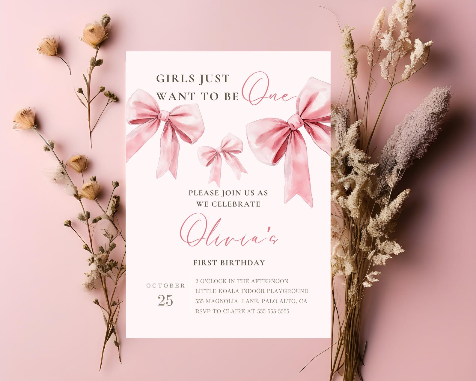 Girls Just Want to Be ONE Invitation, Editable Pink Bow Invite, Girl ...