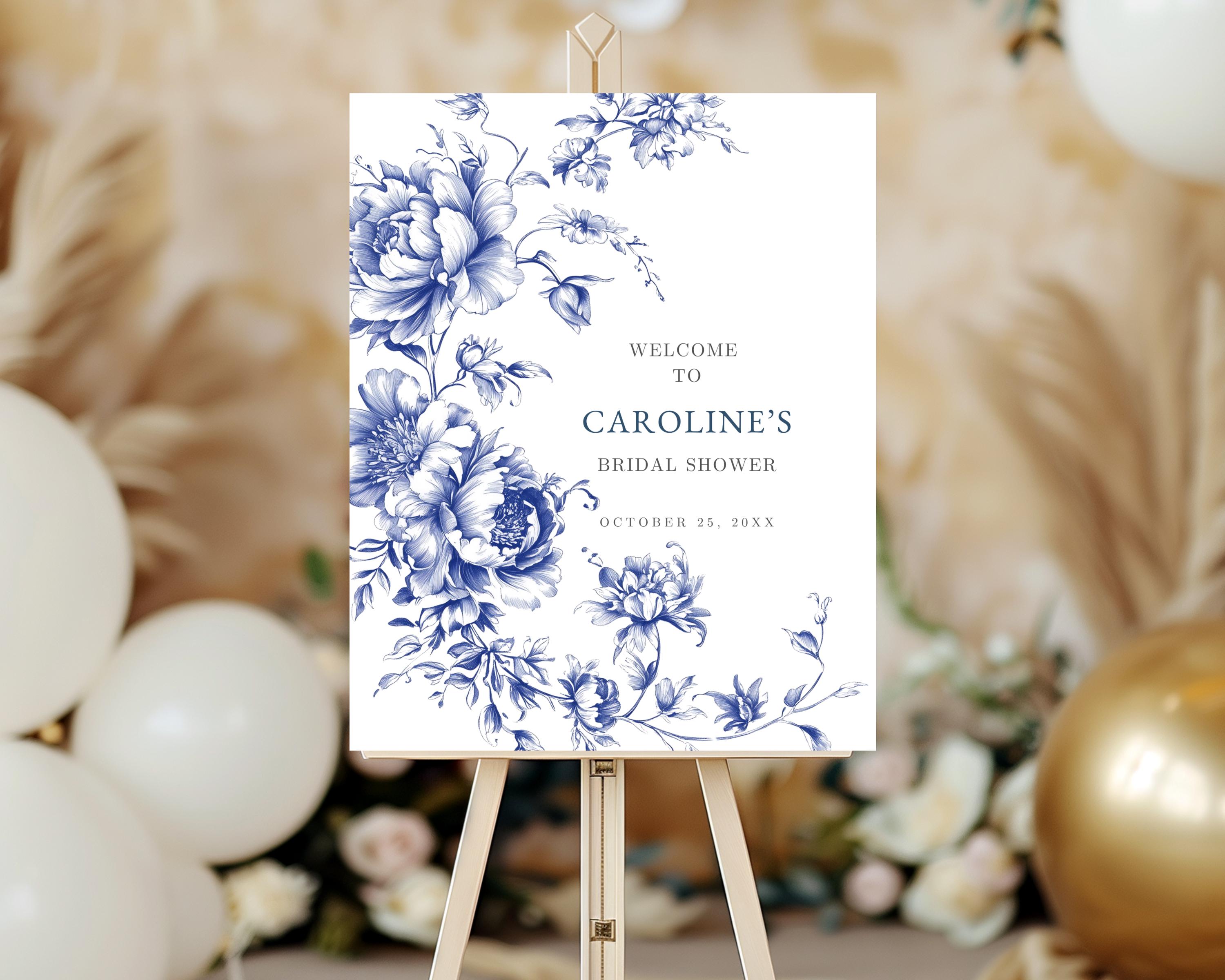 Blue Chinoiserie Bridal Shower Welcome Sign, French Blue Toile De Jouy ...