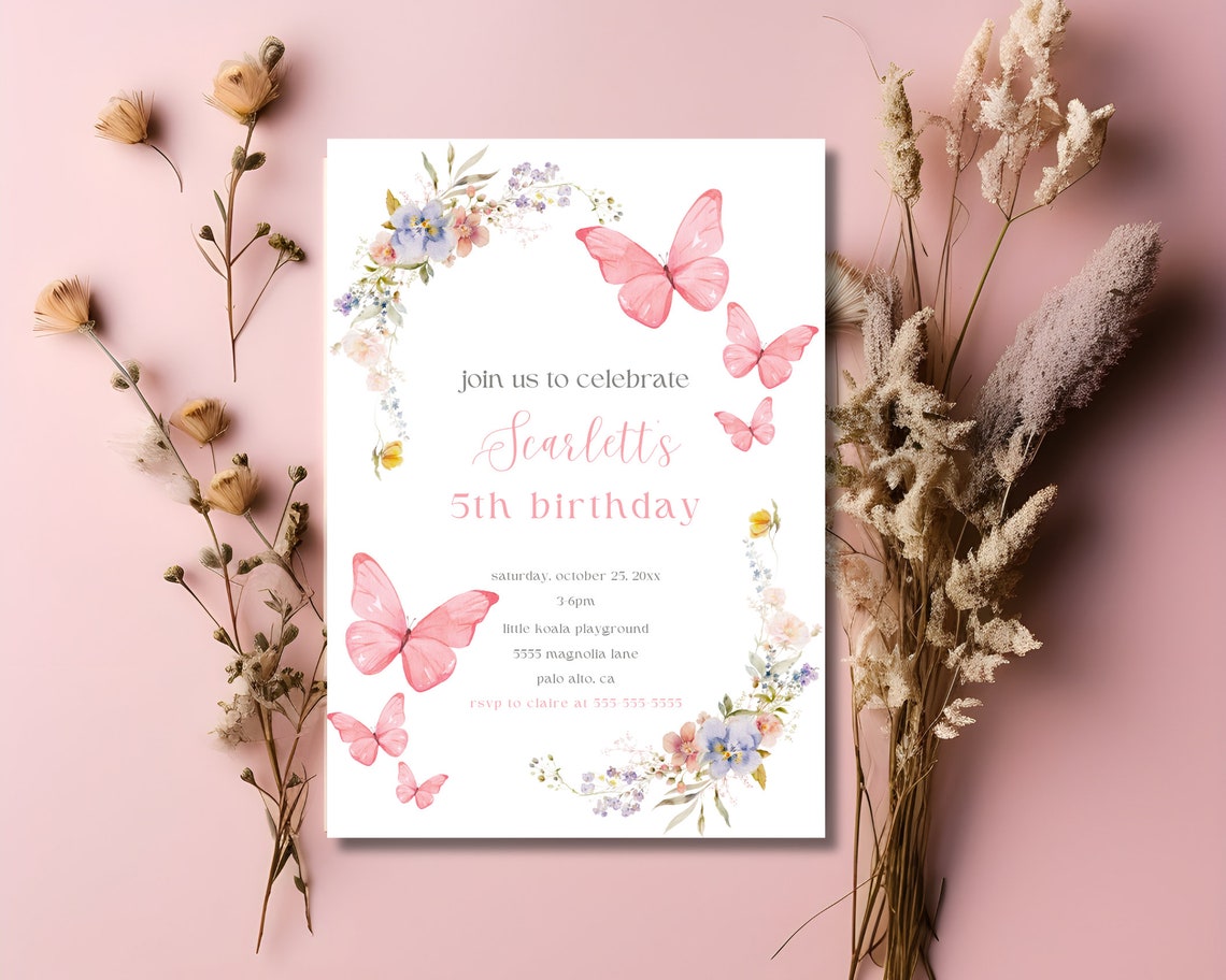 Pink Butterfly Birthday Invitation, Birthday Girl Butterfly Party ...