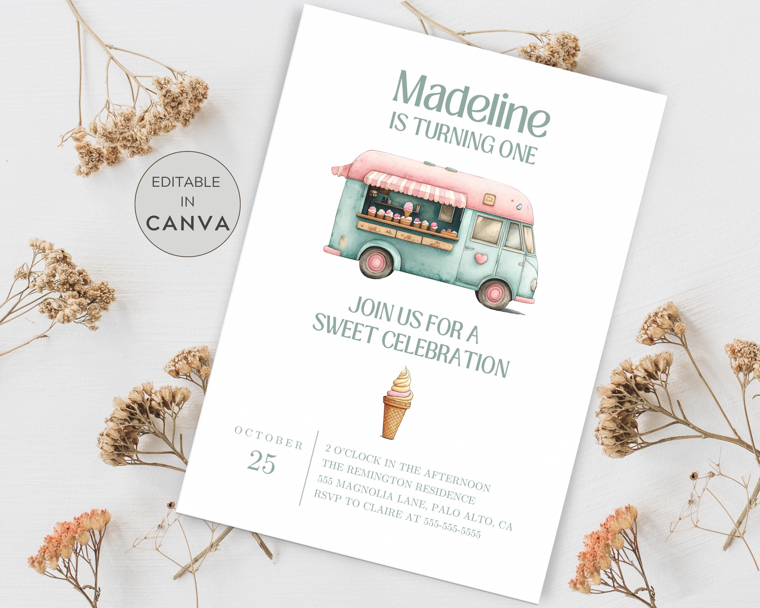 Editable Ice Cream Birthday Invitation Template, Modern Ice Cream Truck ...