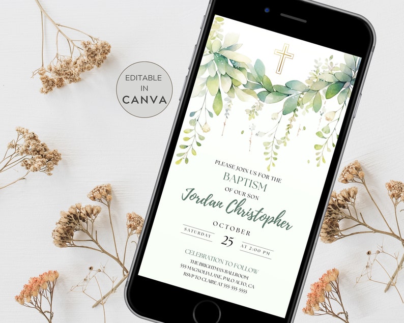 Editable Boy Baptism Invitation Boy Baptism Invite Leaves Greenery Digital Evite Christening 1st ...