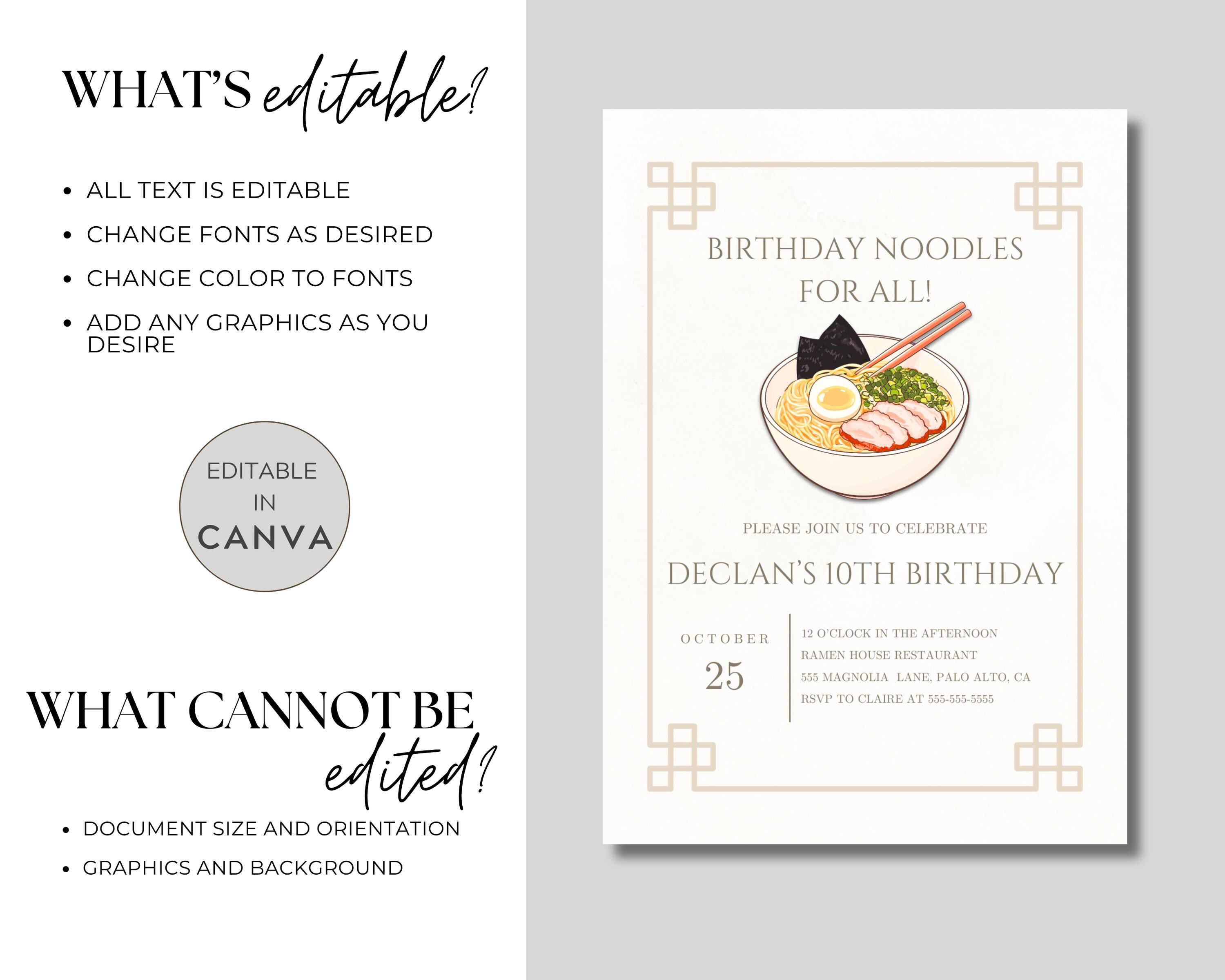 Editable Ramen Birthday Party Invitation, Ramen Party, Ramen Restaurant ...