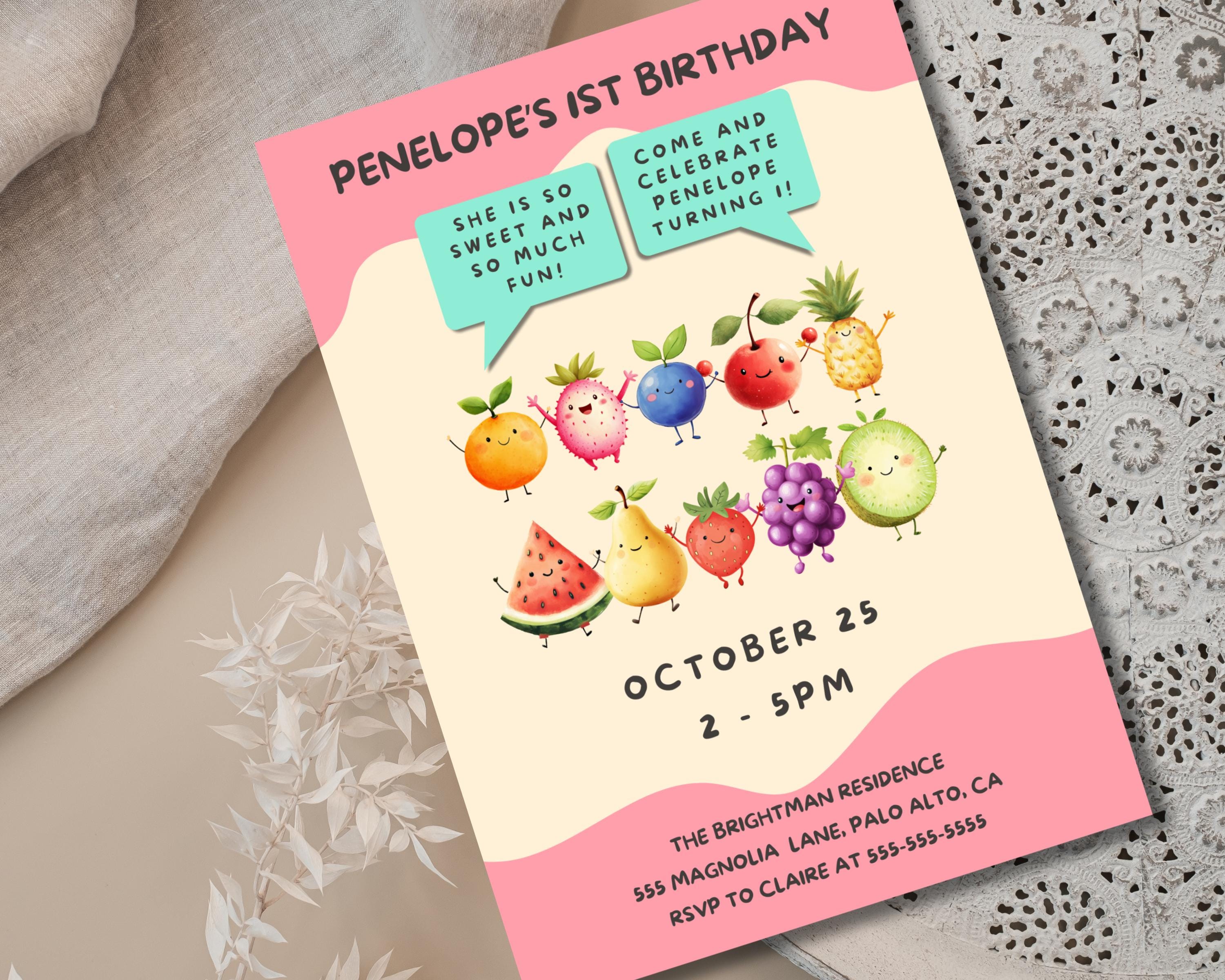 Dancing Fruit Birthday Invitation, 1st Birthday Invitation, Happy Fruit ...
