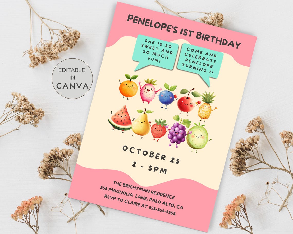 Dancing Fruit Birthday Invitation, 1st Birthday Invitation, Happy Fruit ...