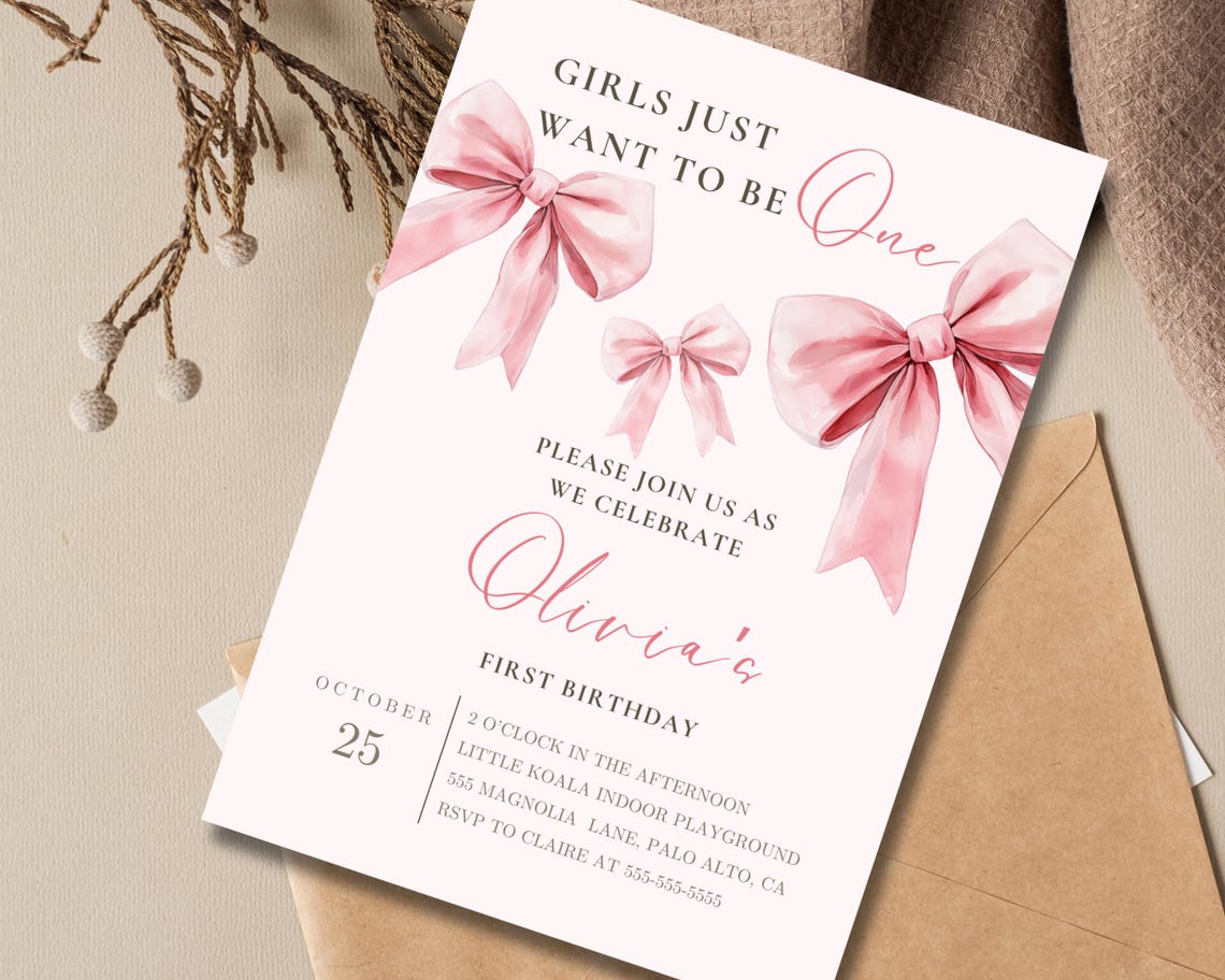 Girls Just Want to Be ONE Invitation, Editable Pink Bow Invite, Girl ...
