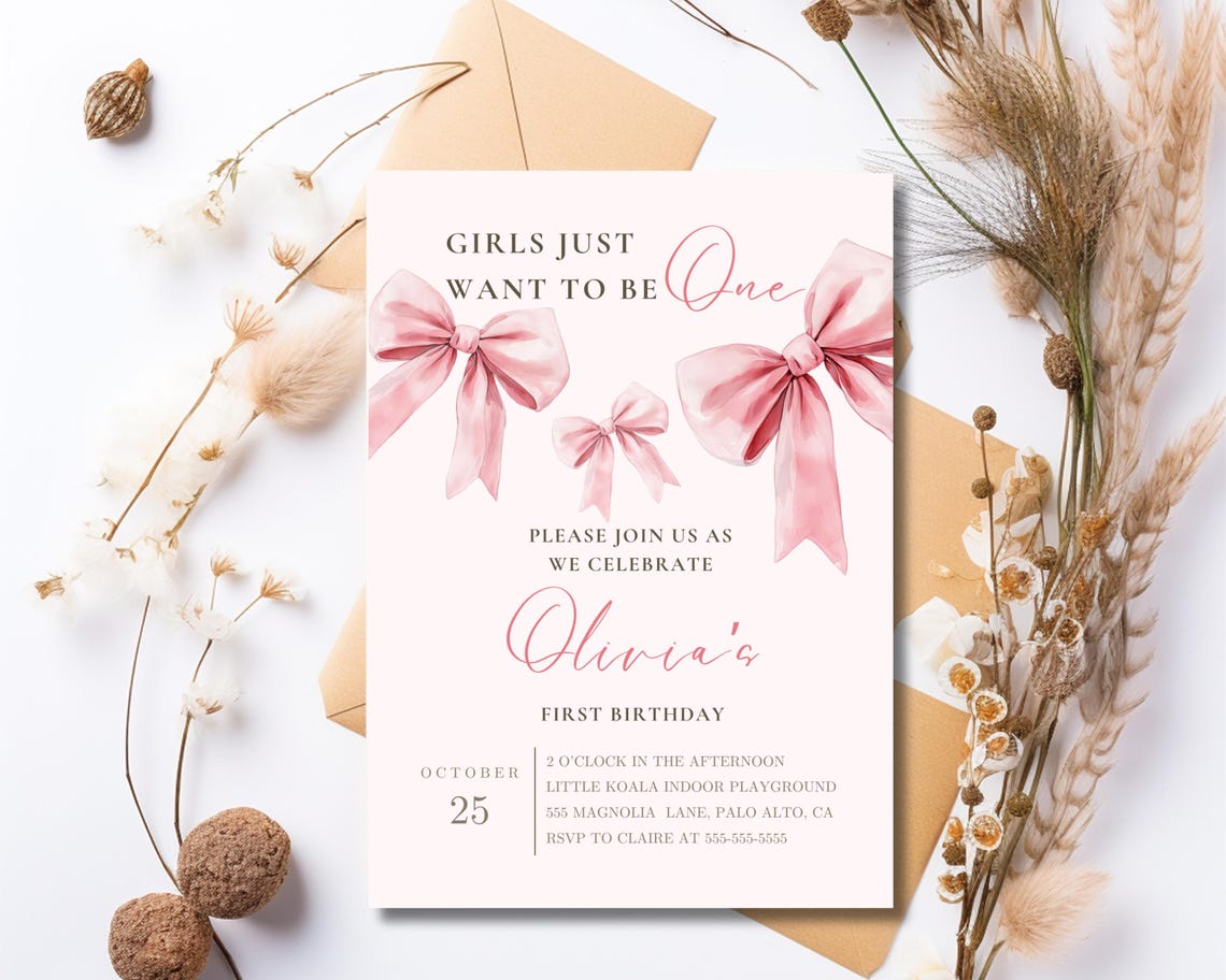 Girls Just Want to Be ONE Invitation, Editable Pink Bow Invite, Girl ...